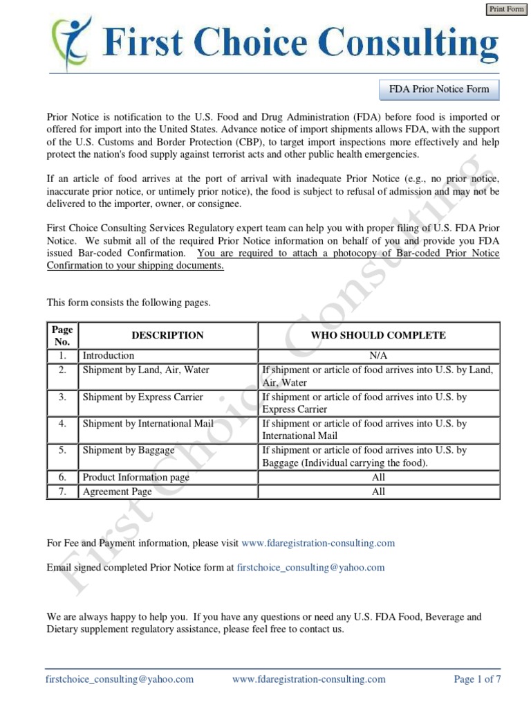 US FDA Prior Notice Form - First Choice Consulting Services | PDF ...
