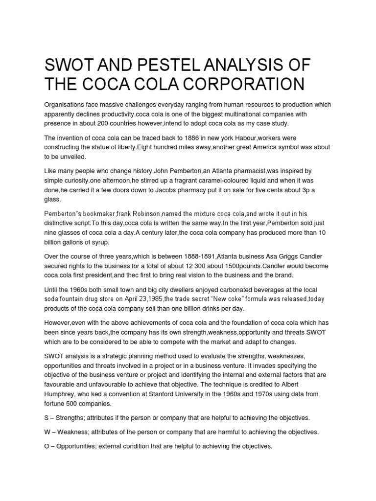 Swot and Pestel Analysis of The Coca Cola Corporation and Porters | PDF ...