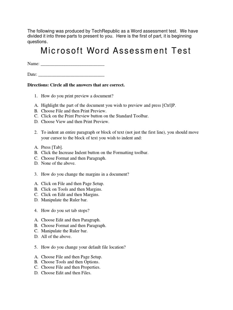 Microsoft Word Assessment Test: Directions: Circle All The Answers That ...