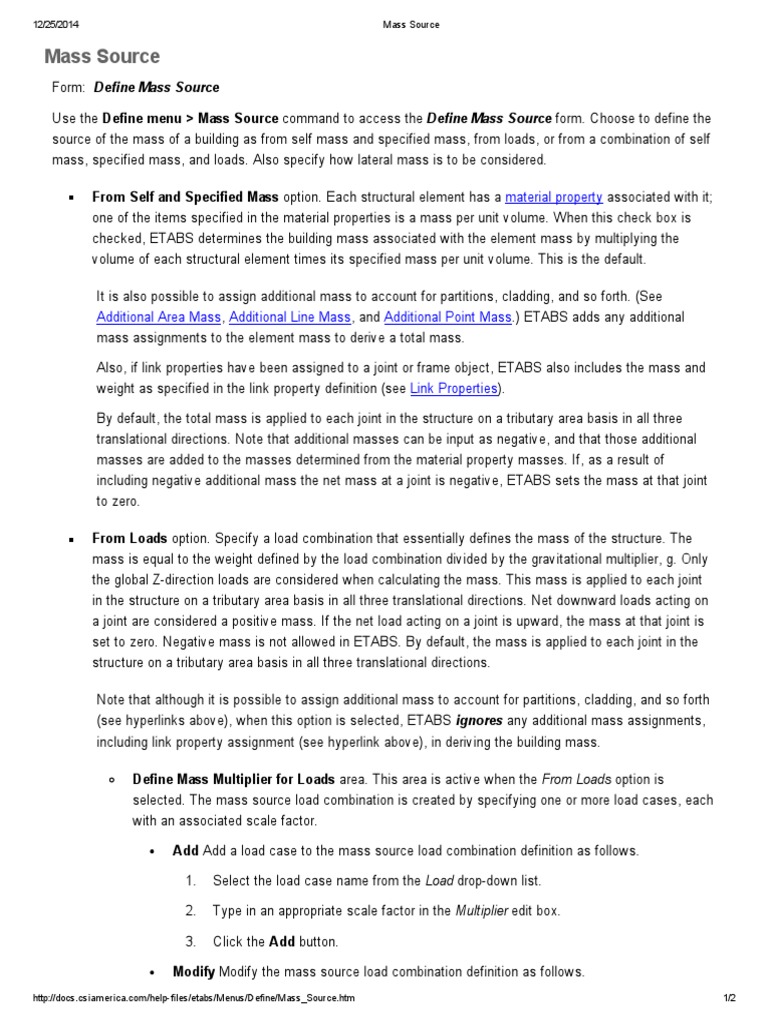 ETABS Mass Source | PDF | Mass | Multiplication