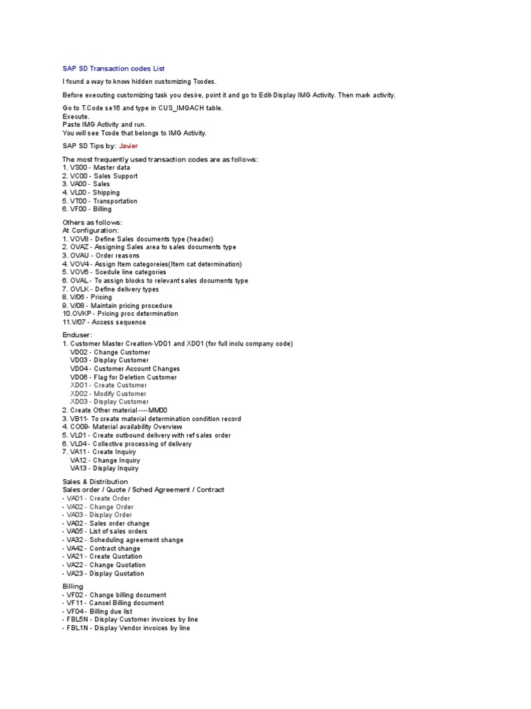 SAP SD Transaction Codes Overview | PDF | Technology & Engineering