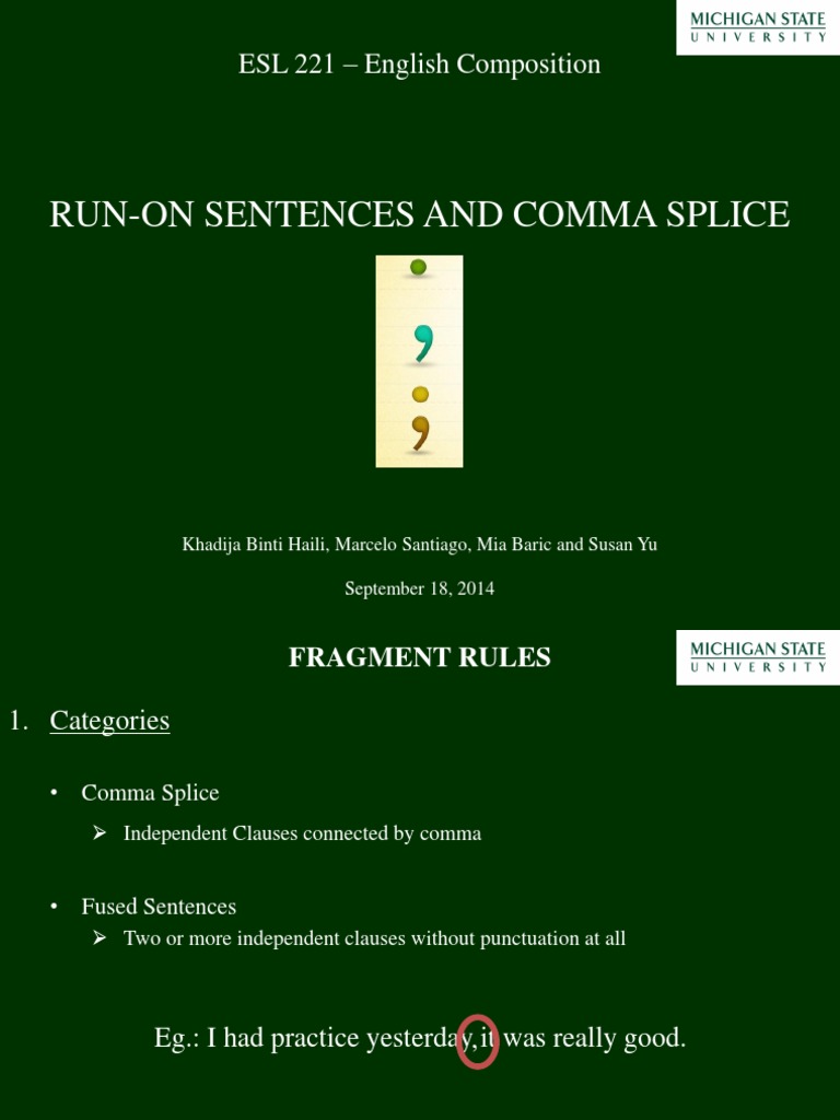 Run-On Sentences and Comma Splices Guide | PDF