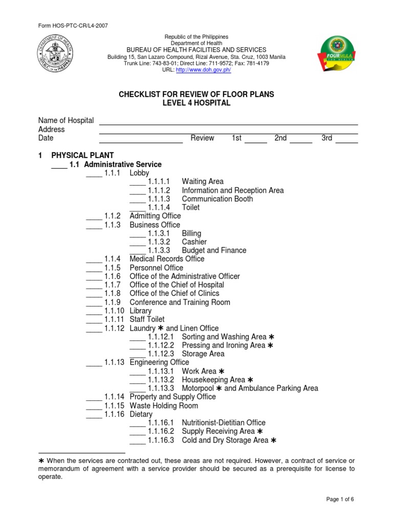 Checklist For Review of Floor Plans Level 4 Hospital: Bureau of Health ...