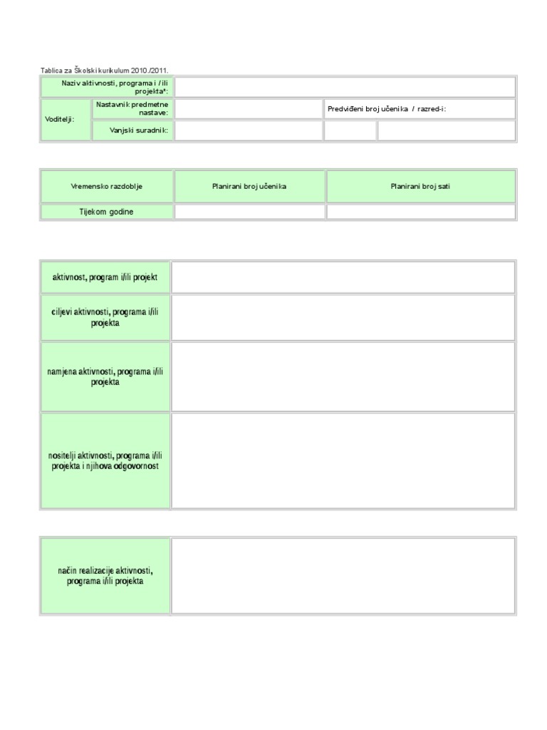 Obrazac Za Skolski Kurikulum | PDF