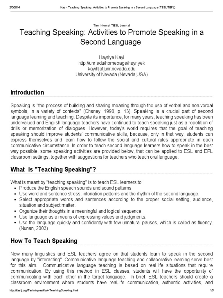Teaching Speaking - Activities To Promote Speaking in A Second Language ...