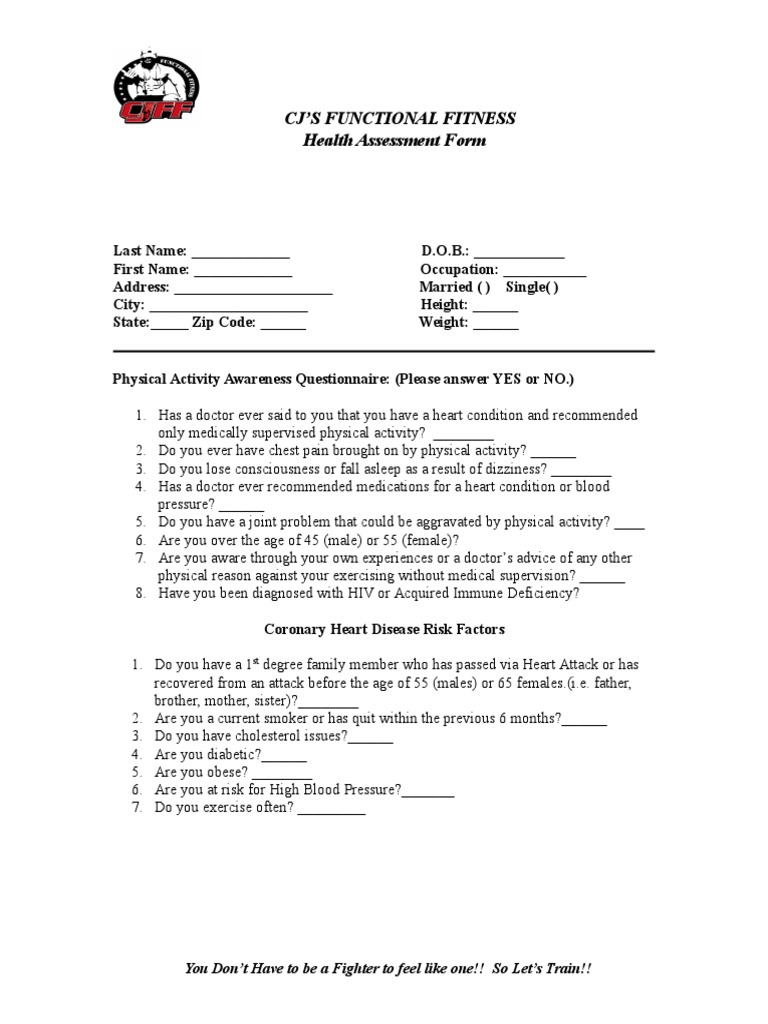 CJ's Functional Fitness Assessment Form | PDF | Wellness