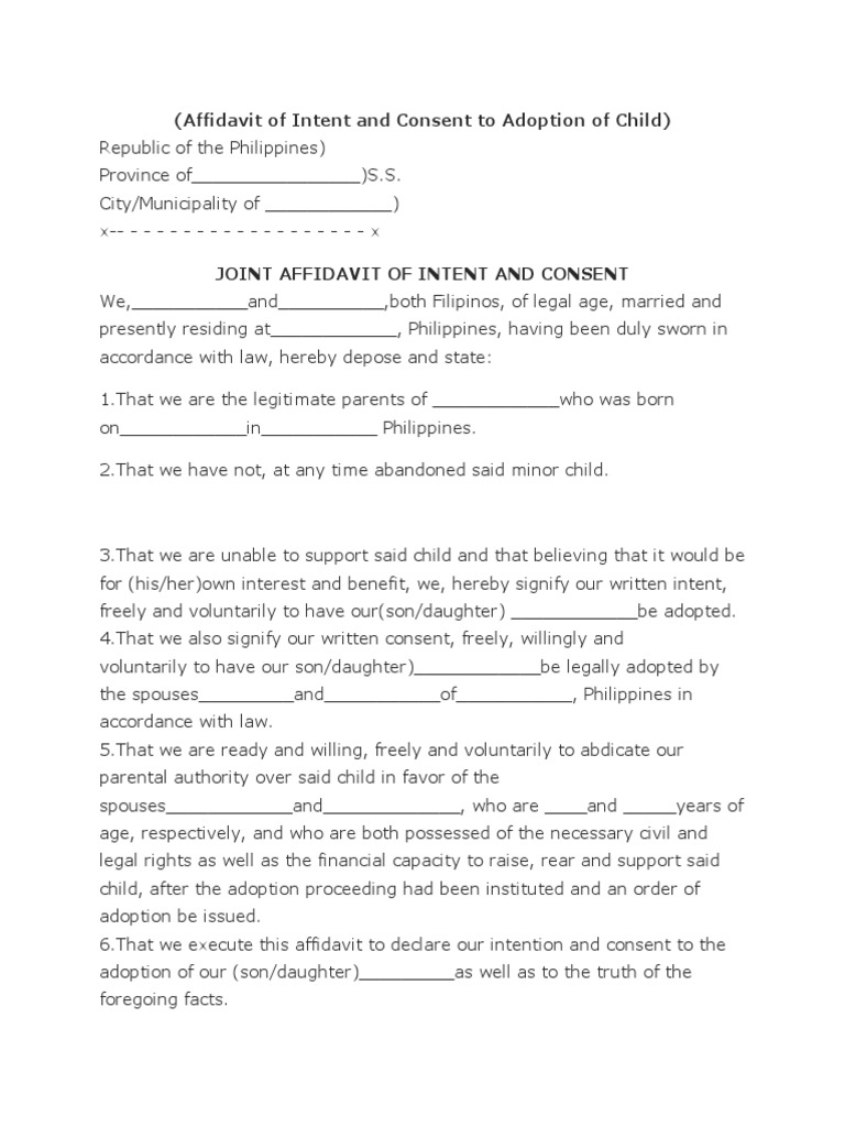 Affidavit of Intent and Consent To Adoption of Child | PDF