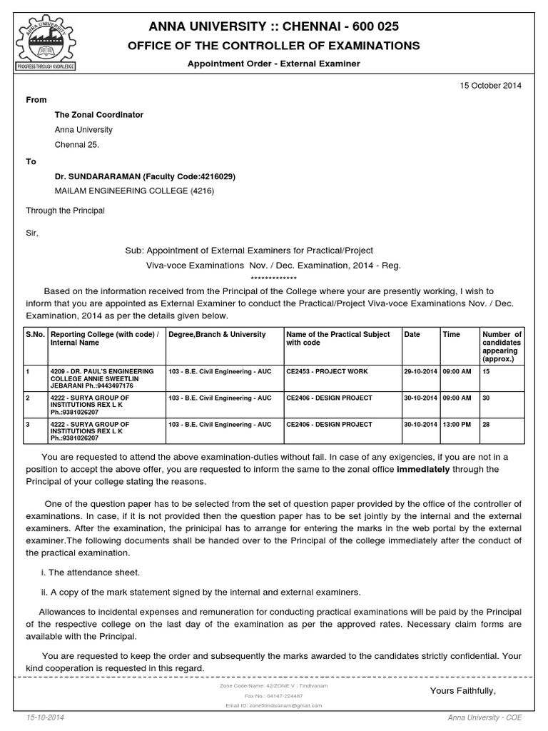 External Examiner Appointment Letter PDF | Government | Business