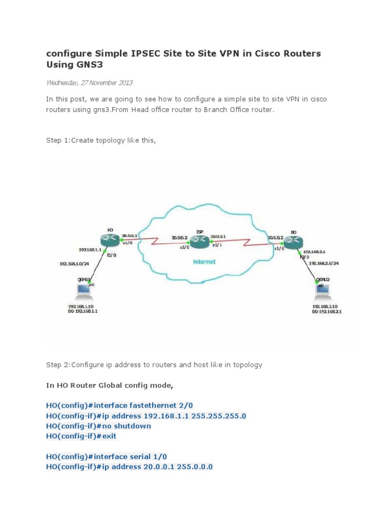 Configure Simple IPSEC Site to Site VPN in Cisco Routers Using GNS3 | Router (Computing ...