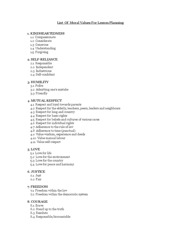 List of Moral Values For Lesson Planning | PDF | Love | Morality