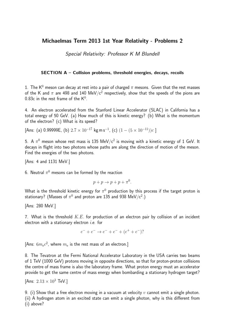 Special Relativity Problems 2013 | PDF | Electronvolt | Electron