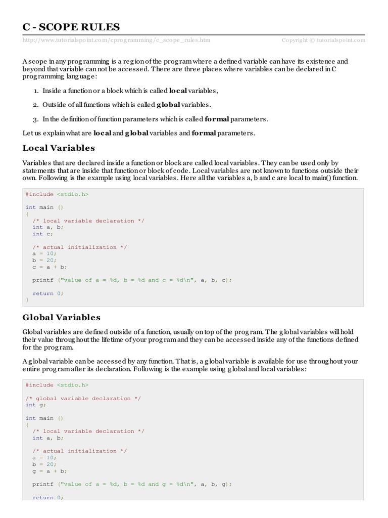 C - Scope Rules: Local Variables | PDF | Variable (Computer Science ...