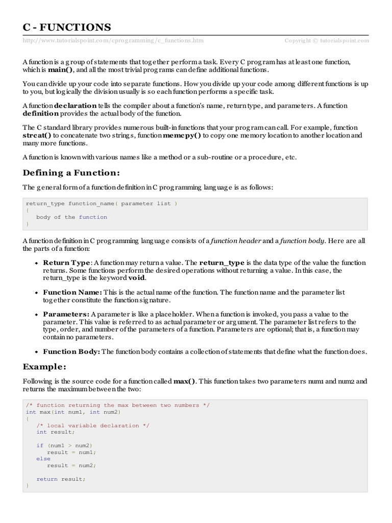 C - Functions: Defining A Function | Download Free PDF | Subroutine | Parameter (Computer ...