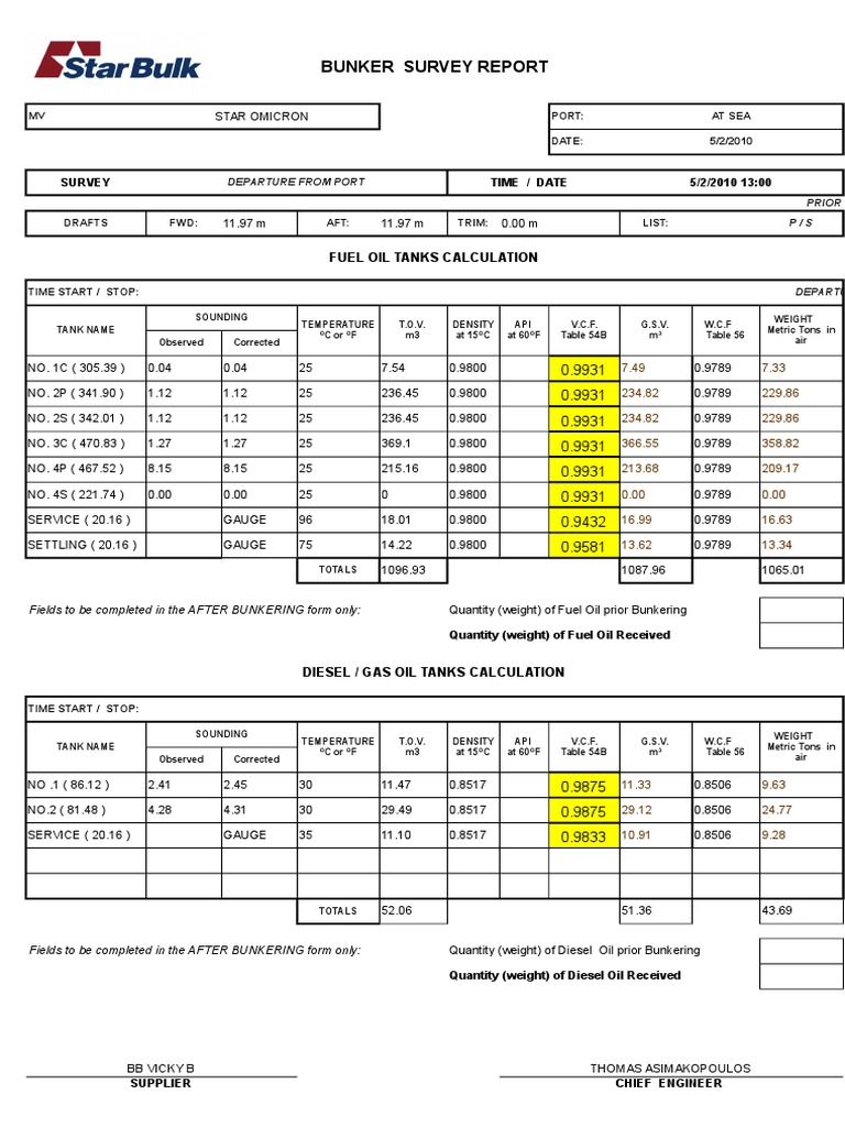 Bunker Survey Report: Fuel Oil Tanks Calculation | PDF