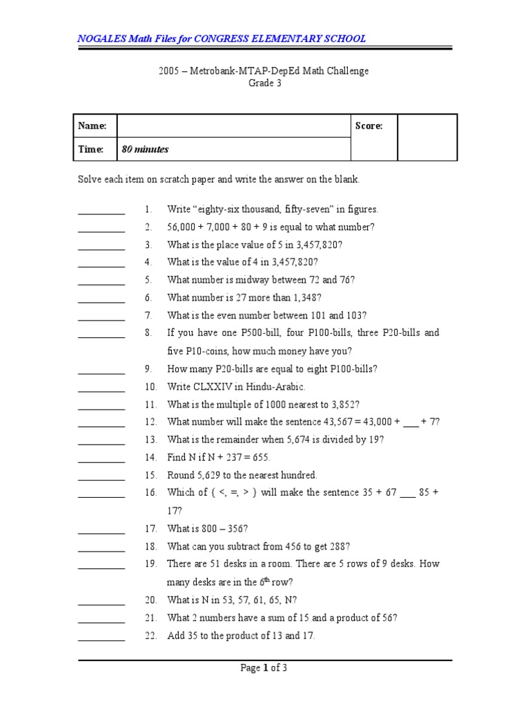 Grade 3 Mathematics Assessment: An Analysis of Test Questions from ...