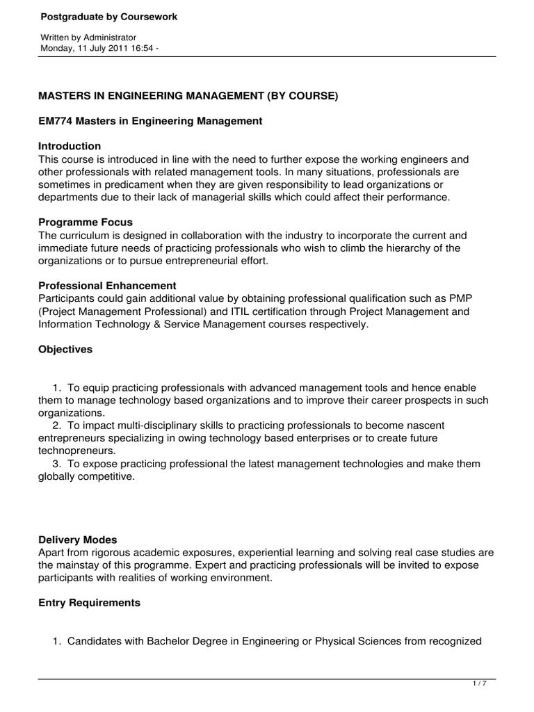 Masters in Engineering Management Syllabus | PDF | Itil | Entrepreneurship