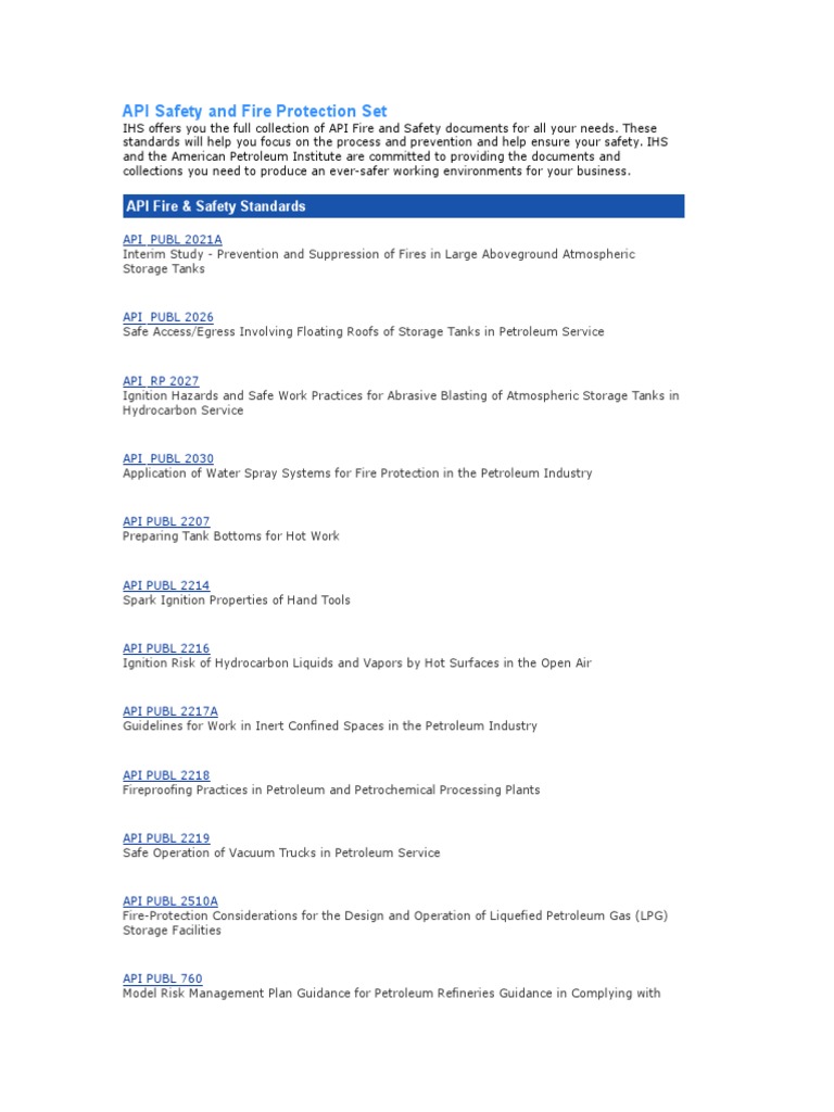 API Safety and Fire Protection STANDARDS | PDF | Petroleum | Industries