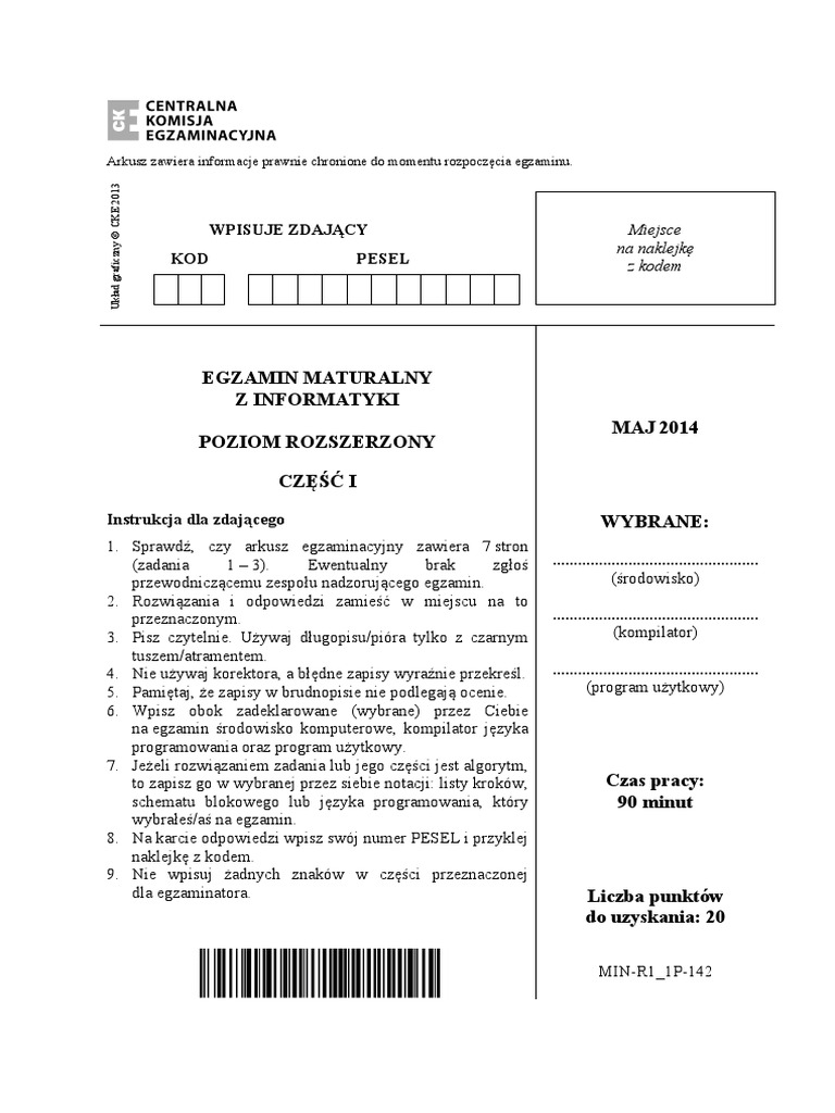 Matura 2014 - Informatyka CZ I - Poziom Rozszerzony - Arkusz Maturalny ...