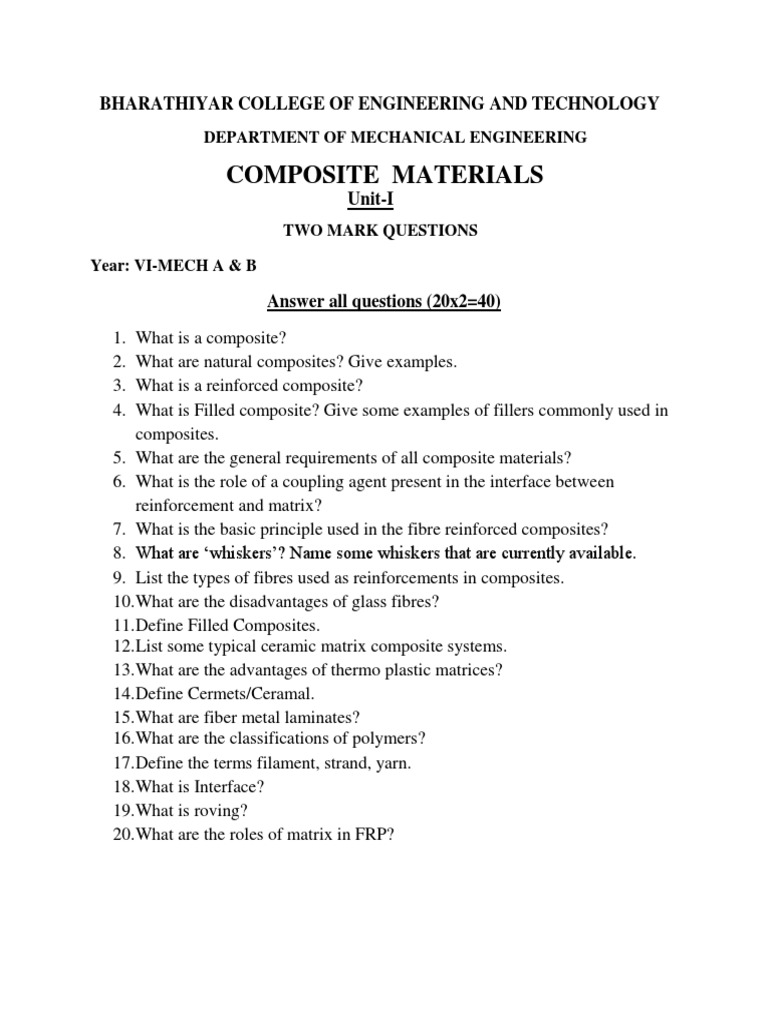 Composite Materials 2 Mark Questions 5 Units | PDF | Composite Material ...