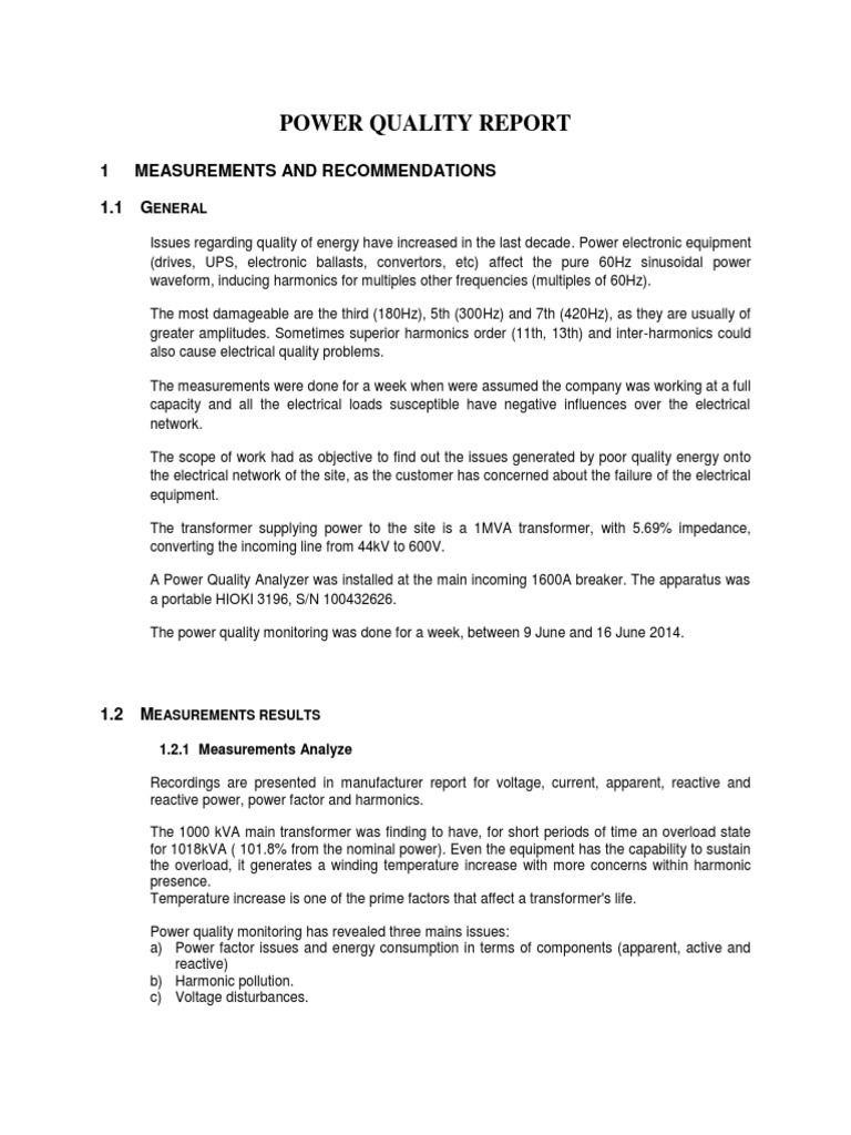 Electrical Network Power Quality Report | PDF | Ac Power | Transformer