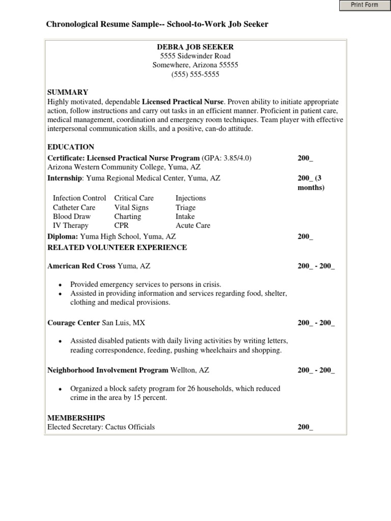 Chronological Resume Sample - School-to-Work Job Seeker | PDF | Résumé ...
