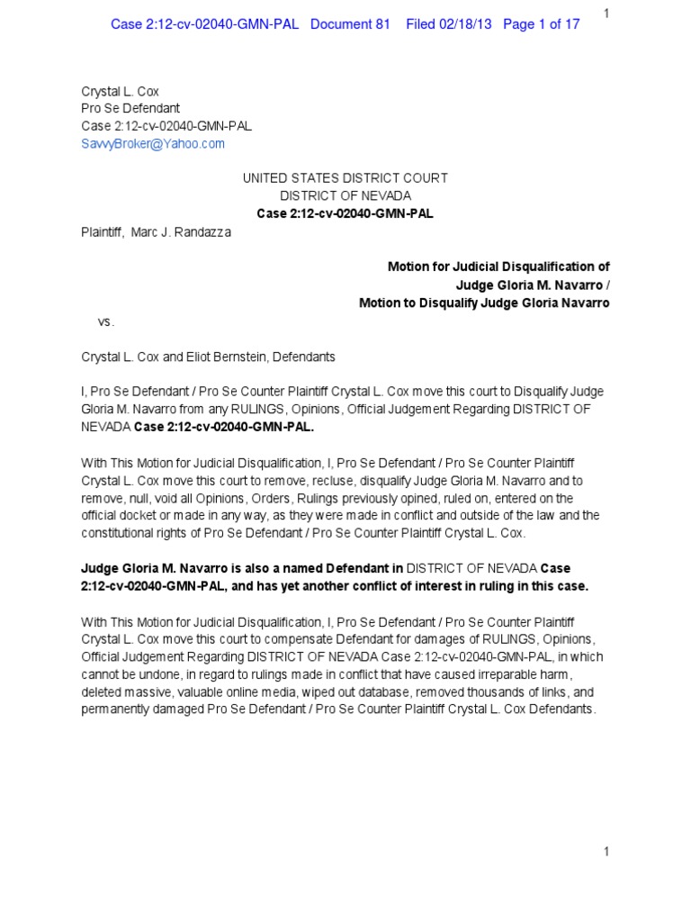 MOTION To Disqualify Judge Gloria M. Navarro Motion For Judicial Disqualification of Judge ...