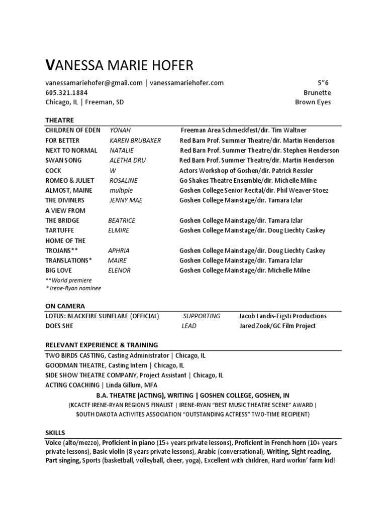 Vanessa Marie Hofer Acting Resume | PDF