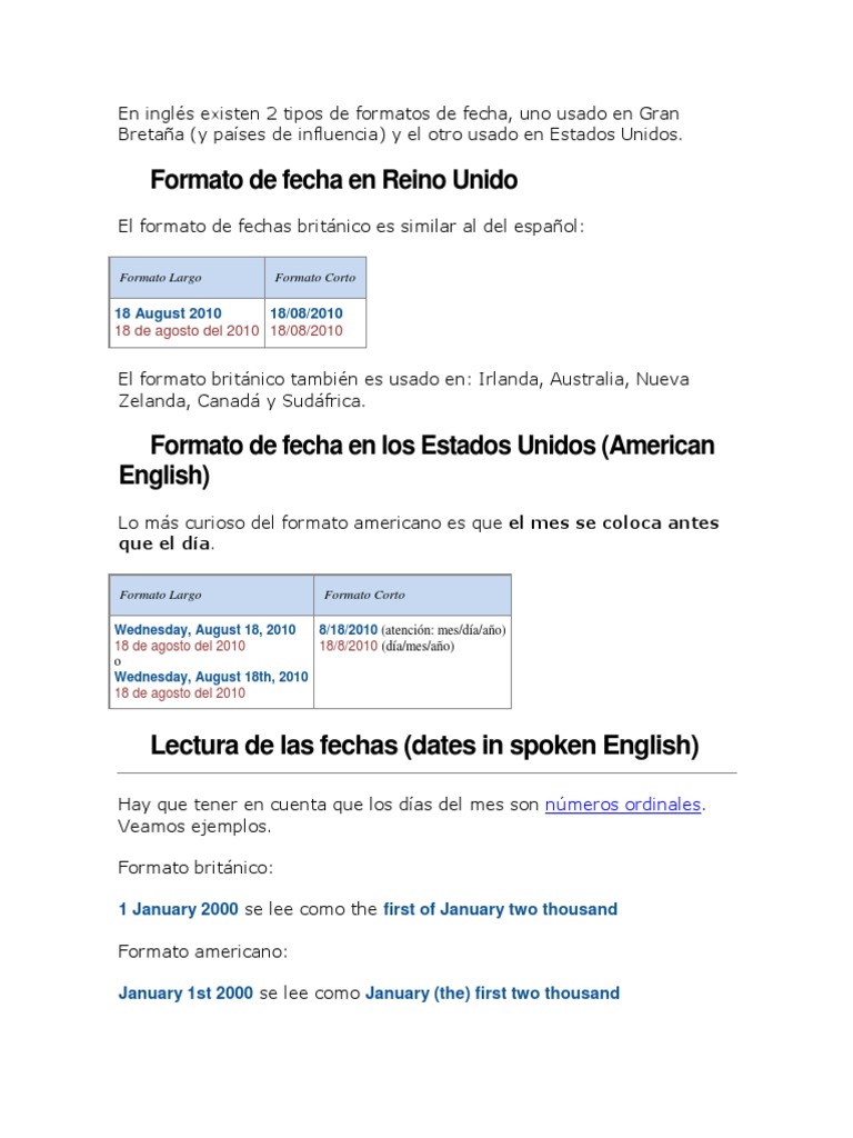 En Inglés Existen 2 Tipos de Formatos de Fecha | PDF | Reino Unido ...