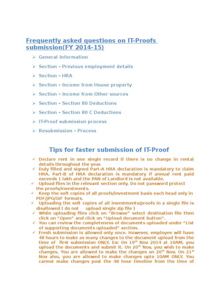 Income Tax Proof Submission FAQs (FY 2014-15) | PDF | Capital Gains Tax ...