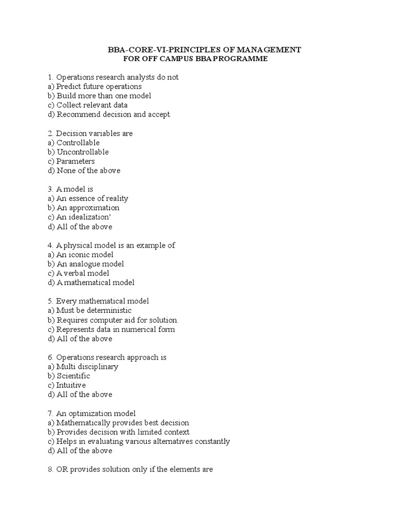 MCQ in BBA Principles of Management | PDF | Linear Programming ...