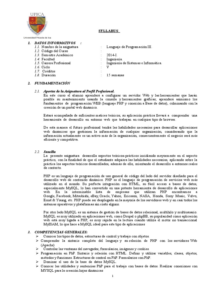 02 Silabo Lenguaje de Programacion Ii | PDF | Php | Mi sql