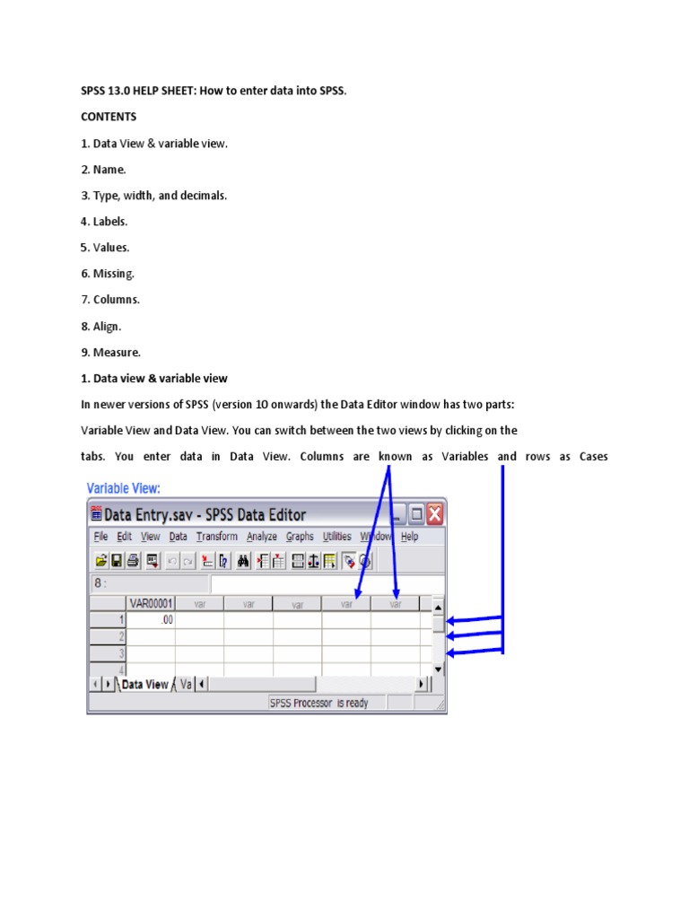 SPSS 13.0 HELP SHEET: How To Enter Data Into SPSS | PDF