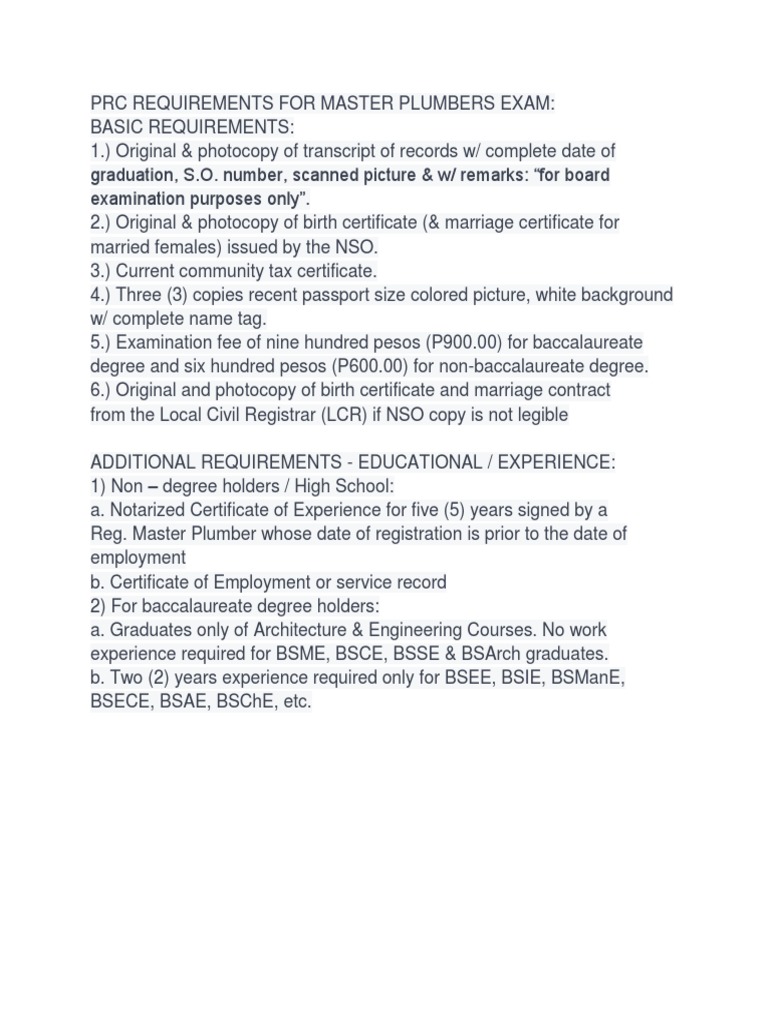 Prc Requirements for Master Plumbers Exam | Birth Certificate ...