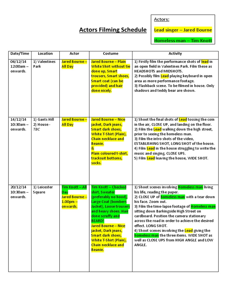 Actors Filming Schedule Overview | PDF | Travel | Home & Garden