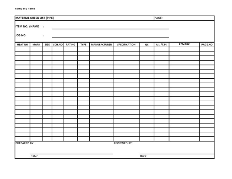 Pipe Material Check List Template | PDF