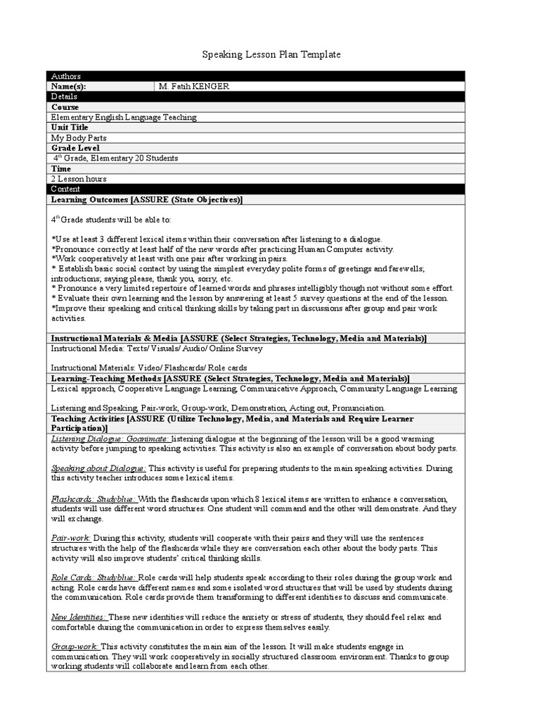 Speaking Lesson Plan | PDF | Lesson Plan | Applied Psychology