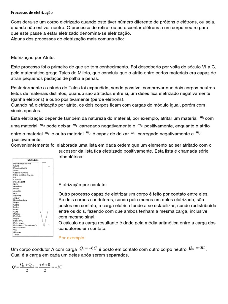 Processos De Eletrização Pdf Carga Elétrica Atrito