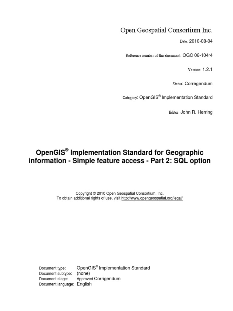 06 104r4 Implementation Specification For Geographic Information Simple Feature Access Part 