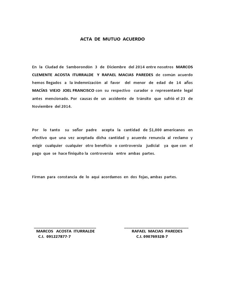 Acta de Mutuo Acuerdo | PDF
