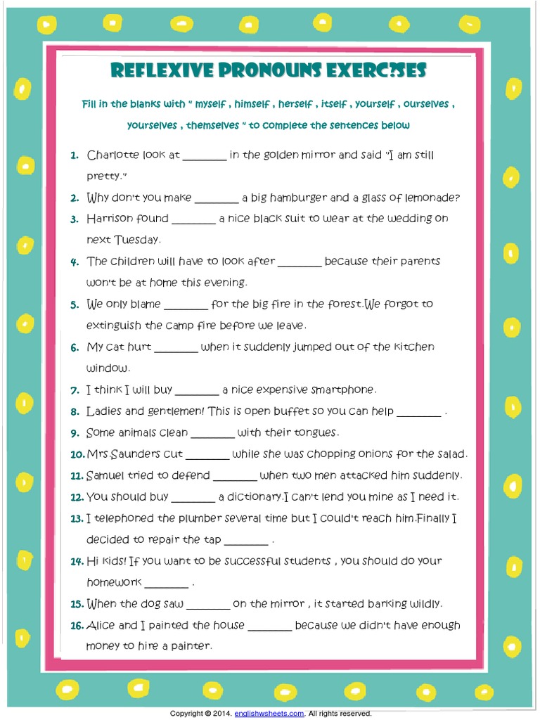 Reflexive Pronouns Exercises Esl Grammar Worksheet | PDF