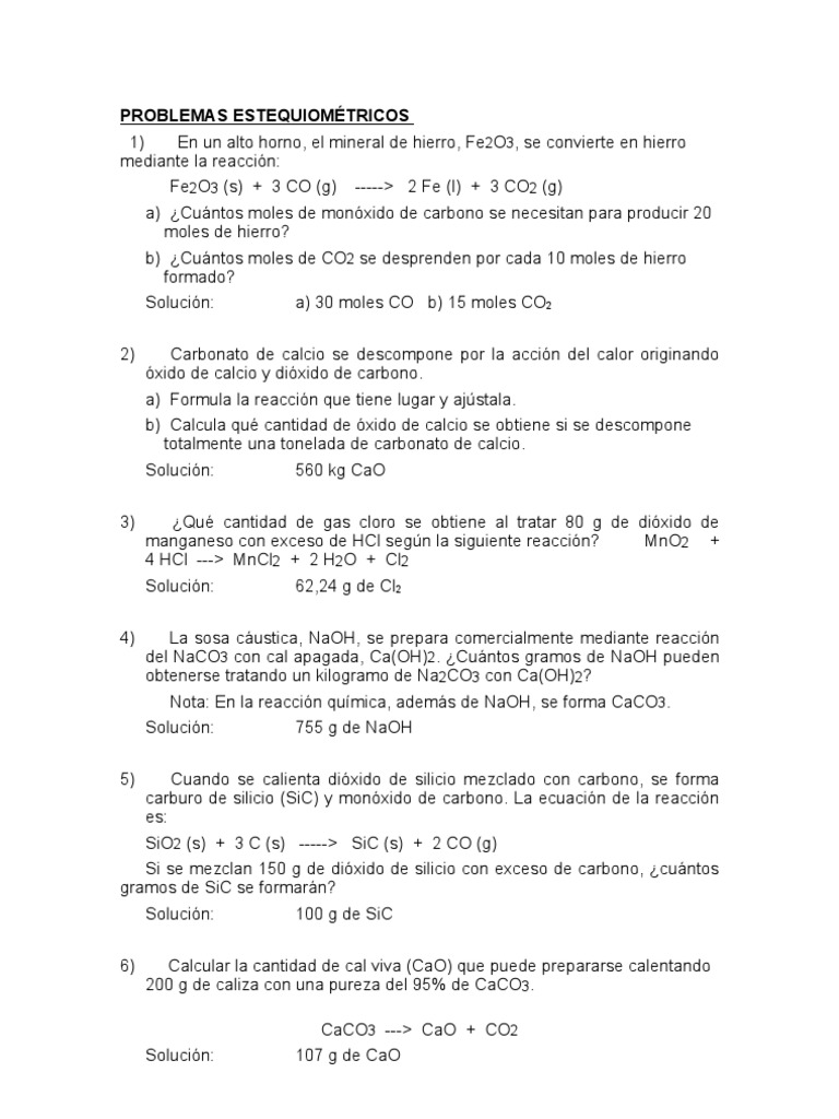 Problemas de Estequiometría Química | PDF | Hierro | Carbonato