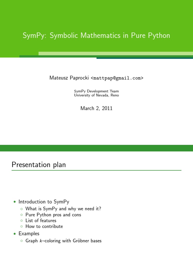 Sympy: Symbolic Mathematics in Pure Python: Sympy Development Team ...