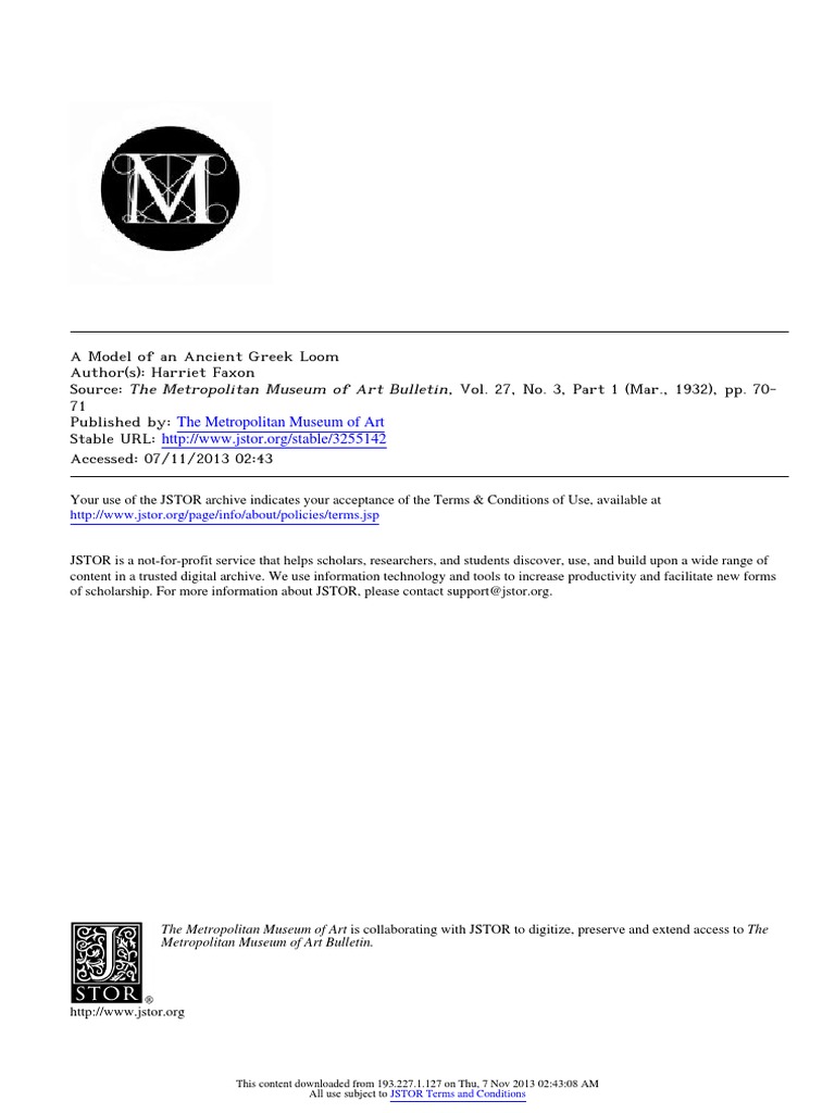 A Model of An Ancient Greek Loom | PDF | Weaving | Loom