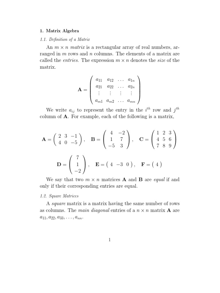 An Introduction to Matrix Algebra: Definitions, Operations, and Applications to Graph Theory ...