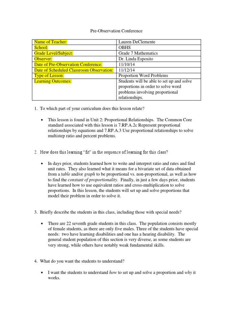 Pre-Observation Form Sample | PDF | Worksheet | Differentiated Instruction