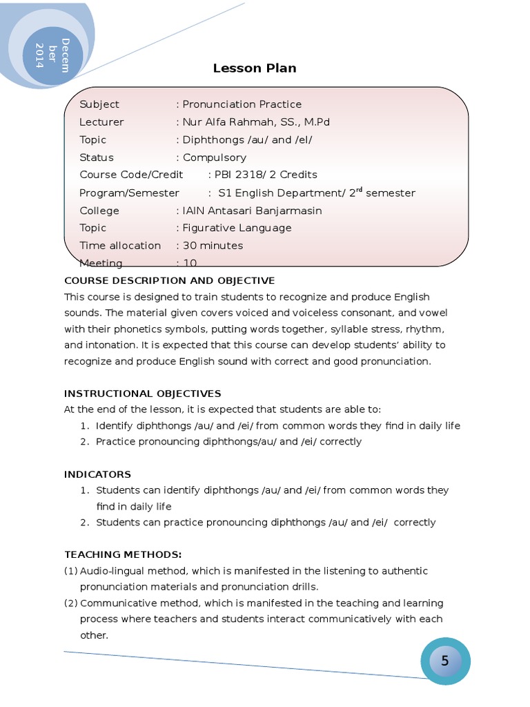 Lesson Plan - Pronunciation | PDF | English Language | Human Voice Lesson Plan - Pronunciation | PDF | English Language | Human Voice