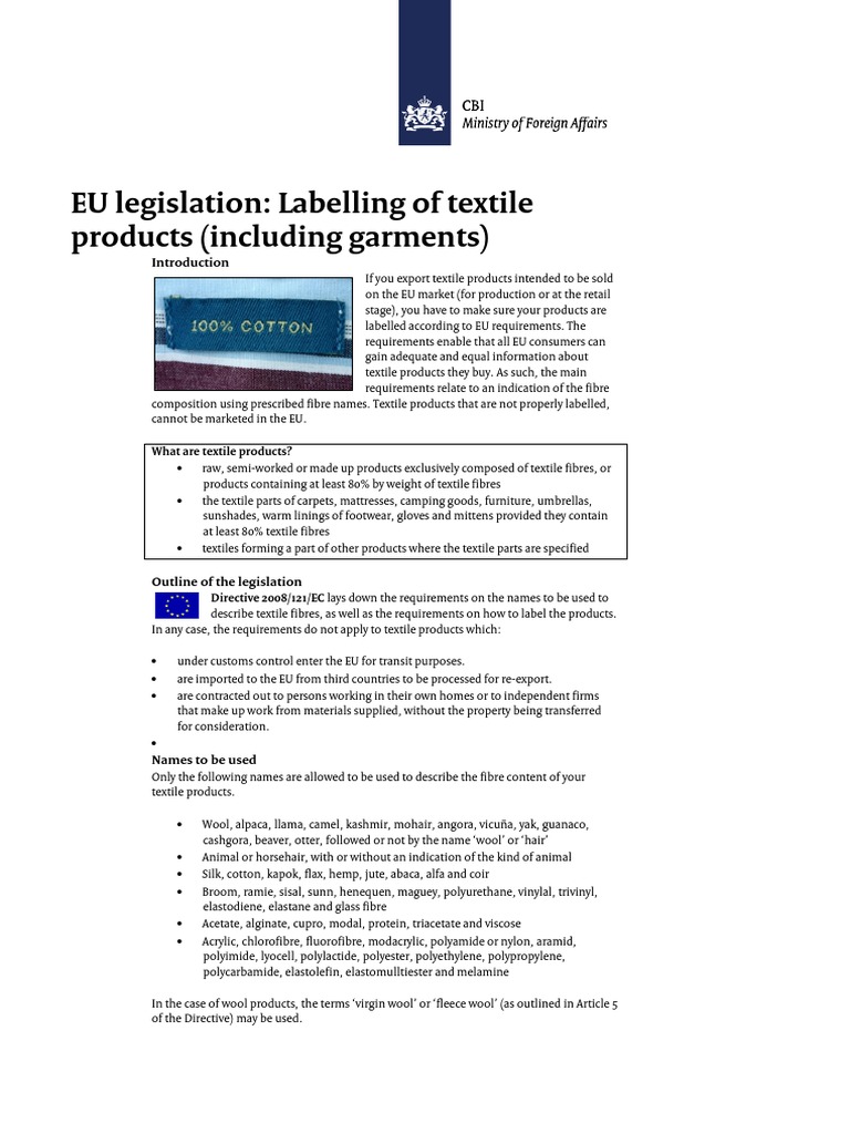 Eu Legislation Labelling Of Textile Products Including Garments Pdf