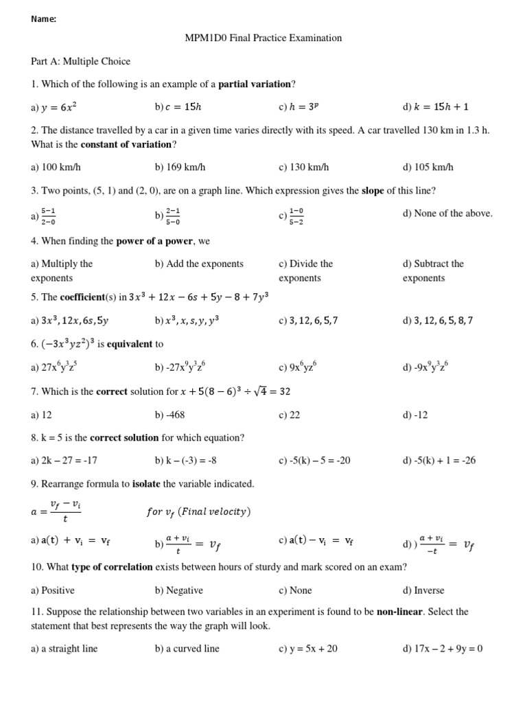 MPM1D0 Final Practice Examination | PDF | Exponentiation | Line (Geometry)