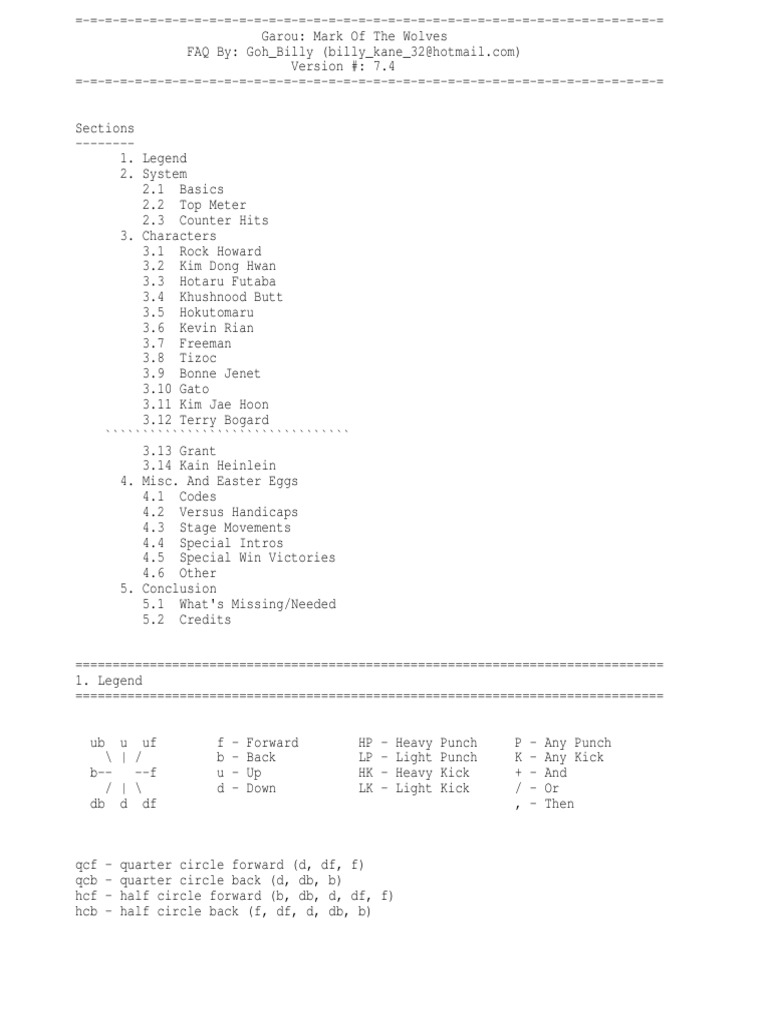 Garou, Mark of The Wolf, Move List | PDF | Artistic Techniques | Vision
