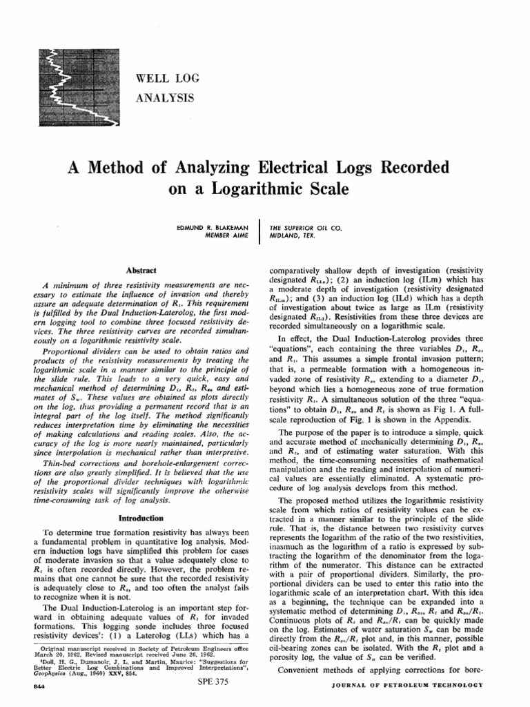 A Method of Analyzing Electrical Logs Recorded On A Logarithmic Scale ...